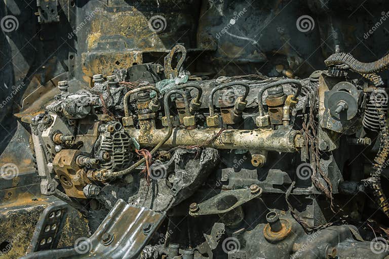 Engine of a burned car stock photo. Image of background - 117979342