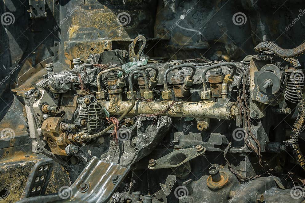Engine of a burned car stock photo. Image of background - 117979342