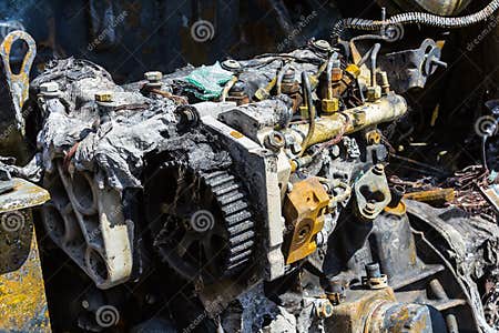 Engine of a burned car stock photo. Image of charred - 117979208