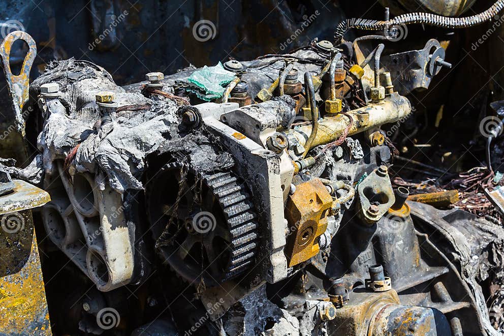 Engine of a burned car stock photo. Image of charred - 117979208