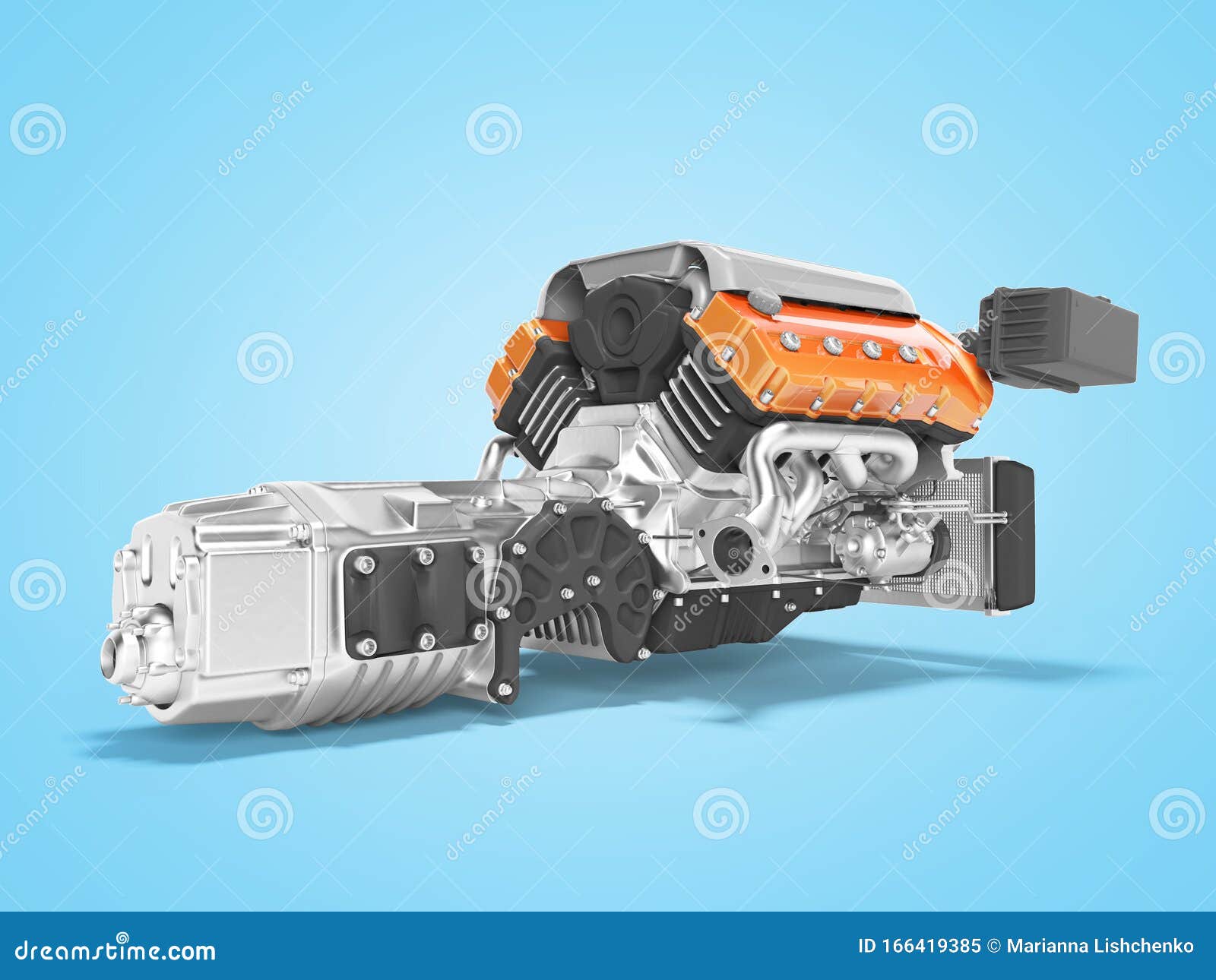 Engine for Car Assembly with Gearbox Rear View 3D Render on Blue ...