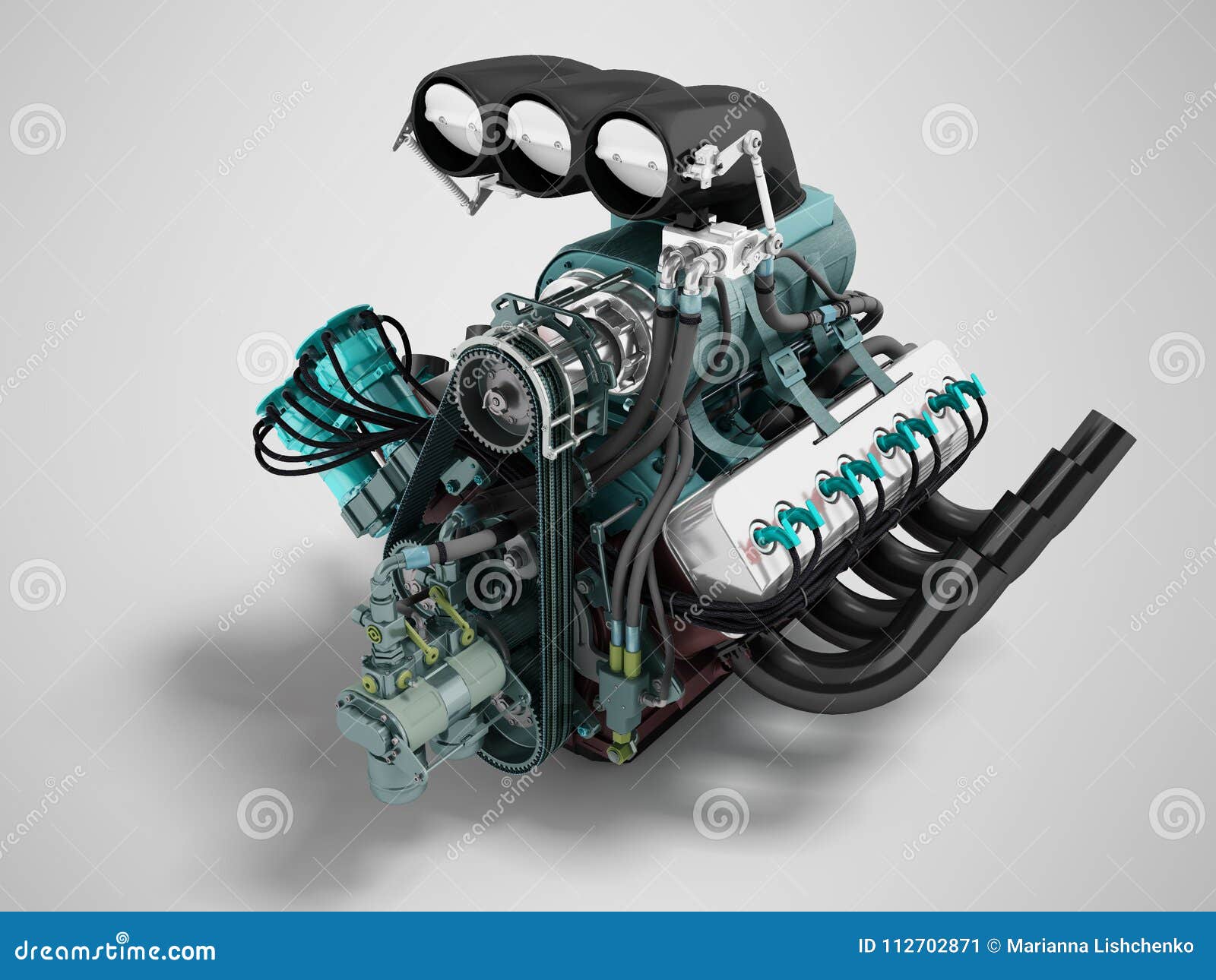 Car Turbo Engine Black Blue Front Perspective 3d Render on Gray ...