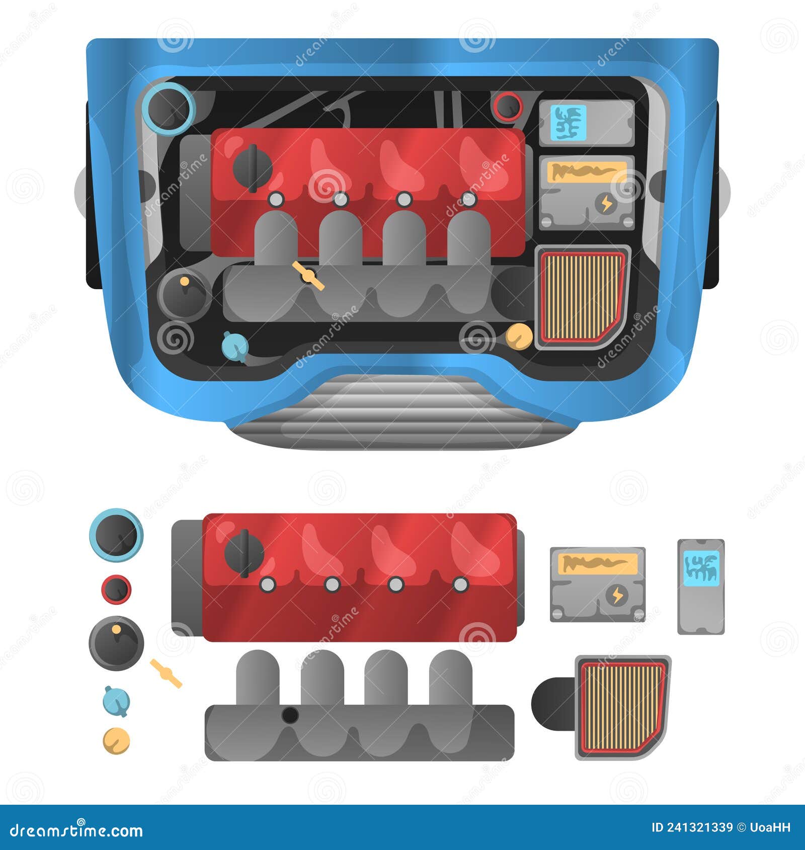 Engine Compartment of a Car. Basic Parts of a Car Engine. Stock Vector ...