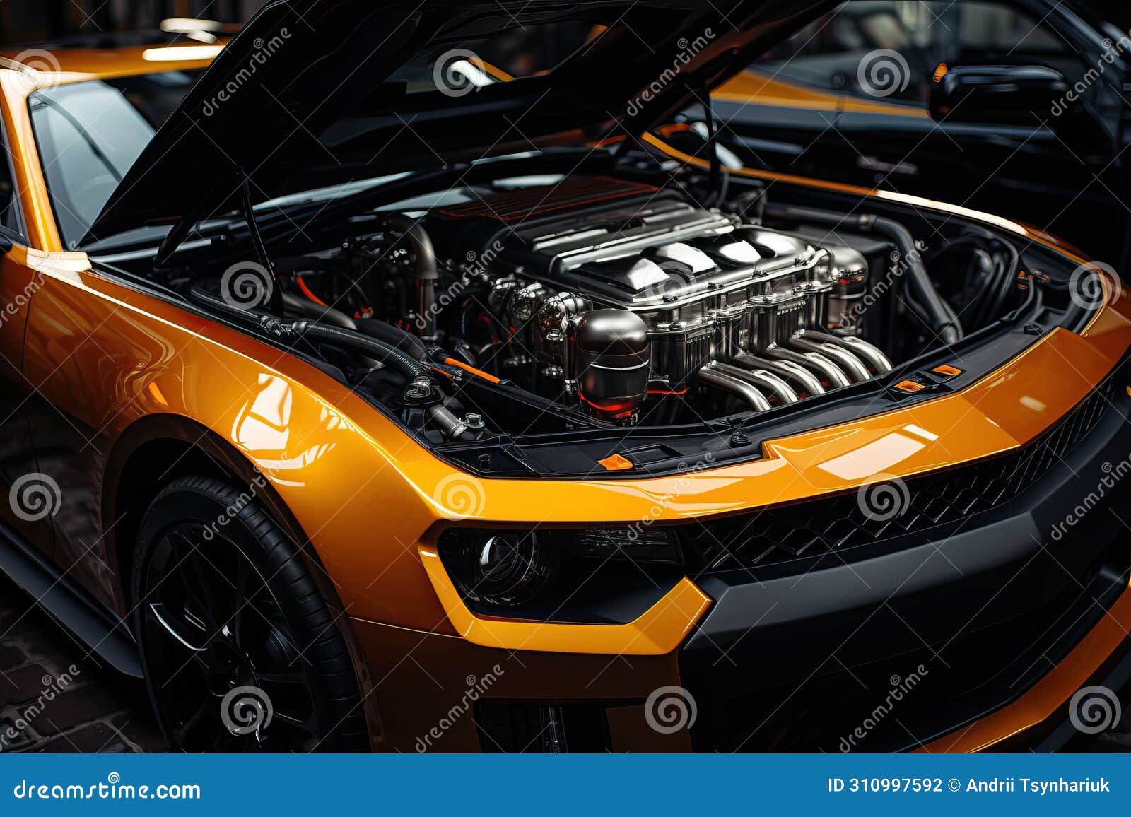 Engine Compartment with Open Hood Close-up Stock Photo - Image of power ...