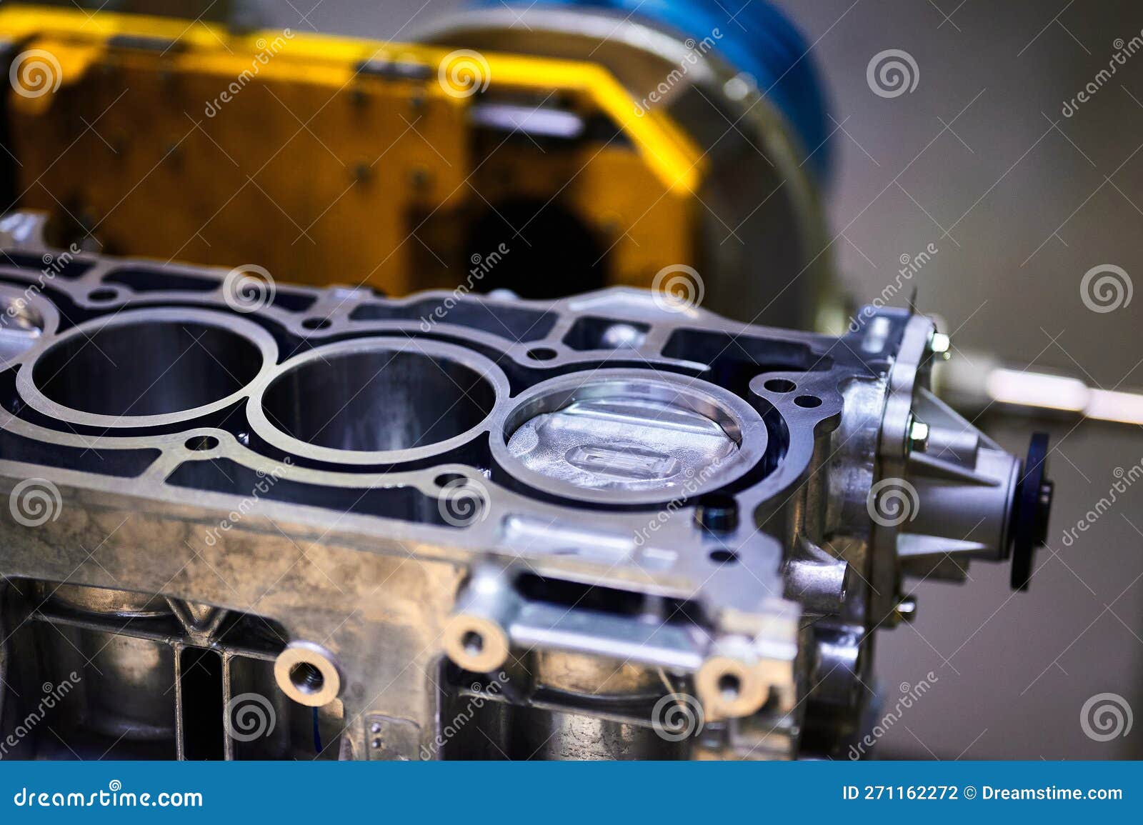 Engine Cylinder Block with Installed Pistons in Workshop Stock Photo ...