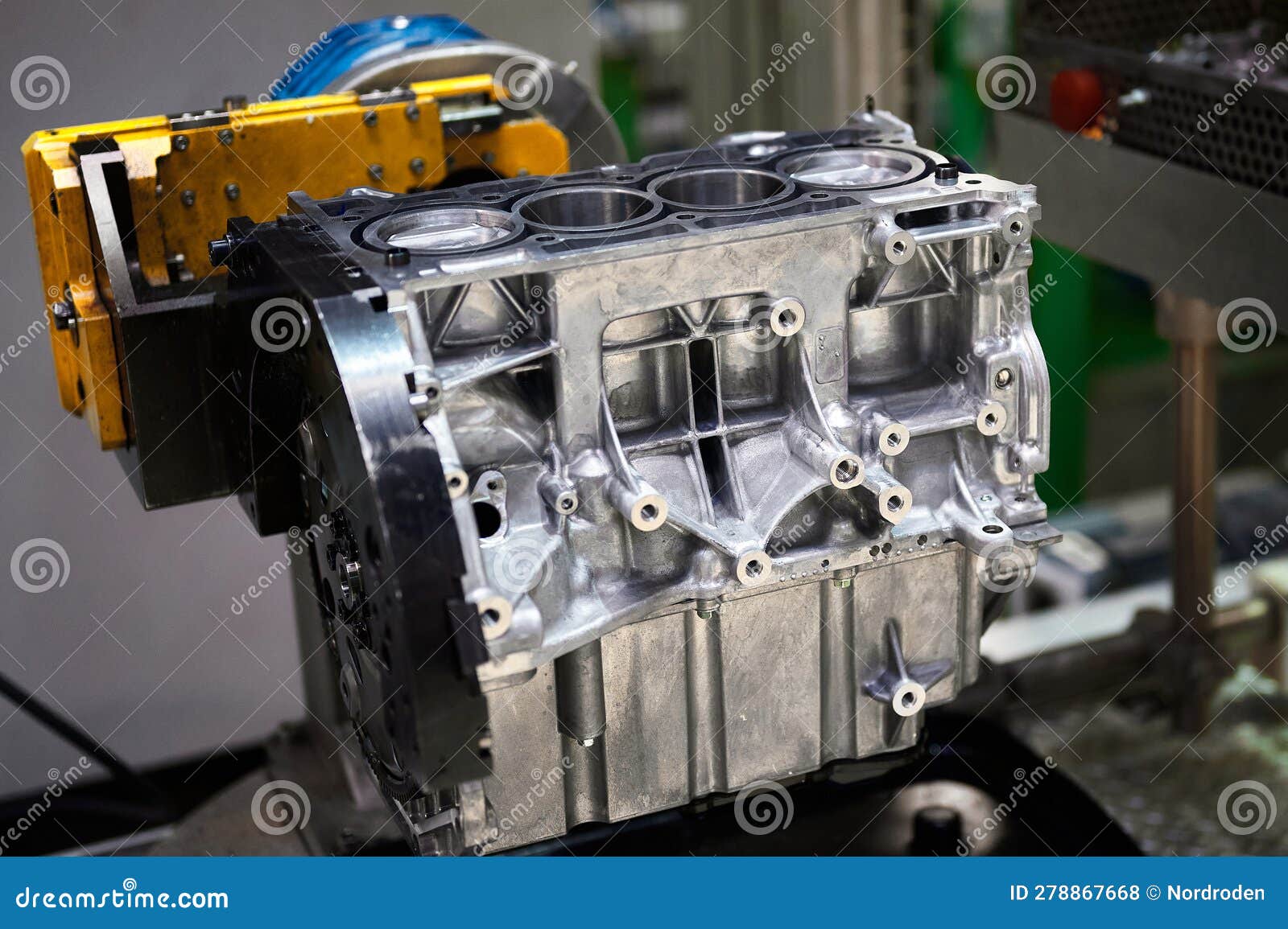 Engine Cylinder Block with Installed Pistons in Workshop Stock Photo ...