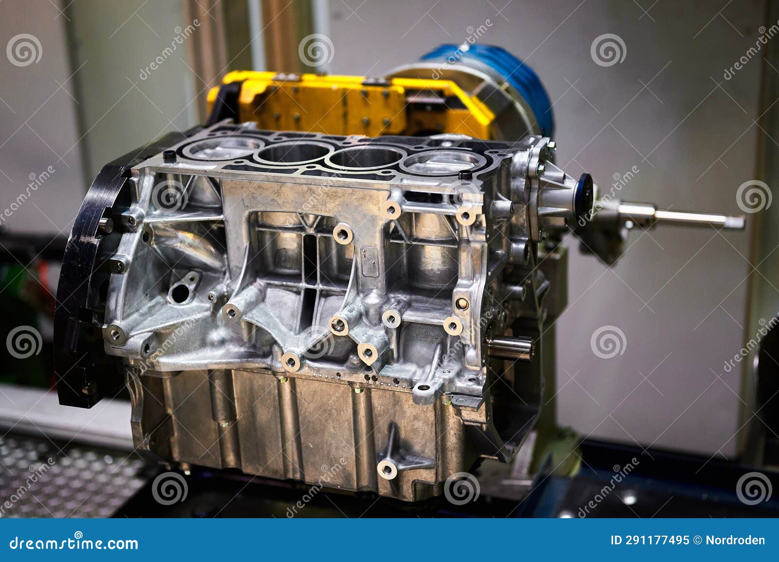 Engine Cylinder Block with Installed Pistons in Workshop Stock Image ...