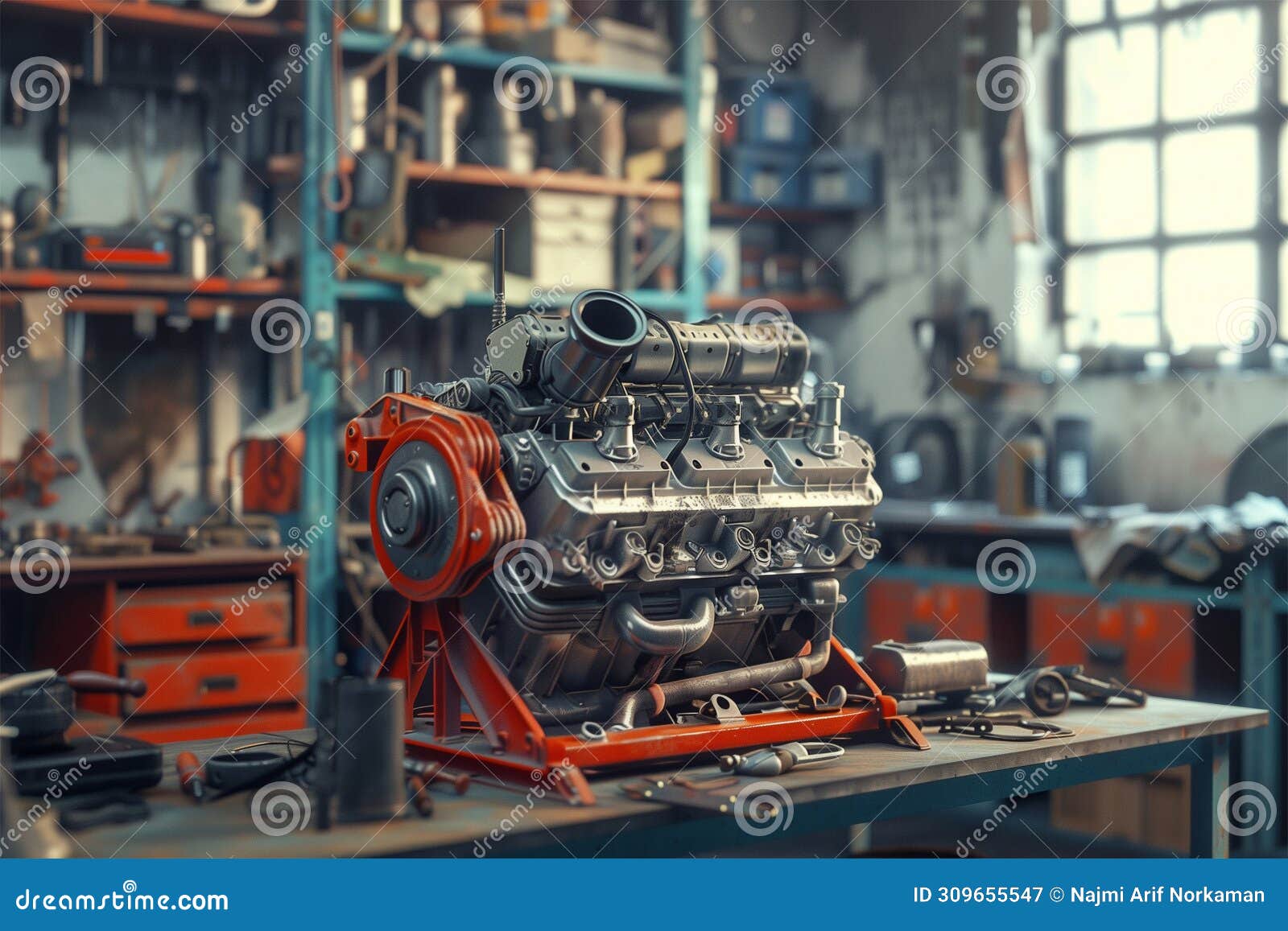 Engine dismantle in garage stock illustration. Illustration of head ...