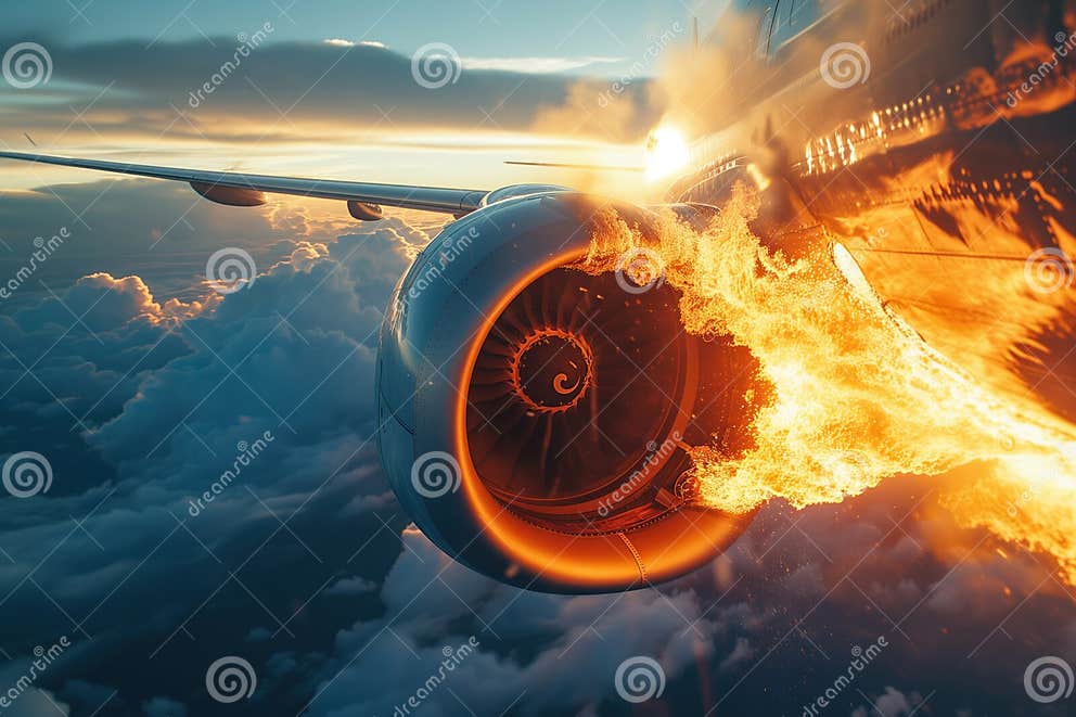 Engine Failure during Flight, Fire Engulfed Aircraft Stock Image ...