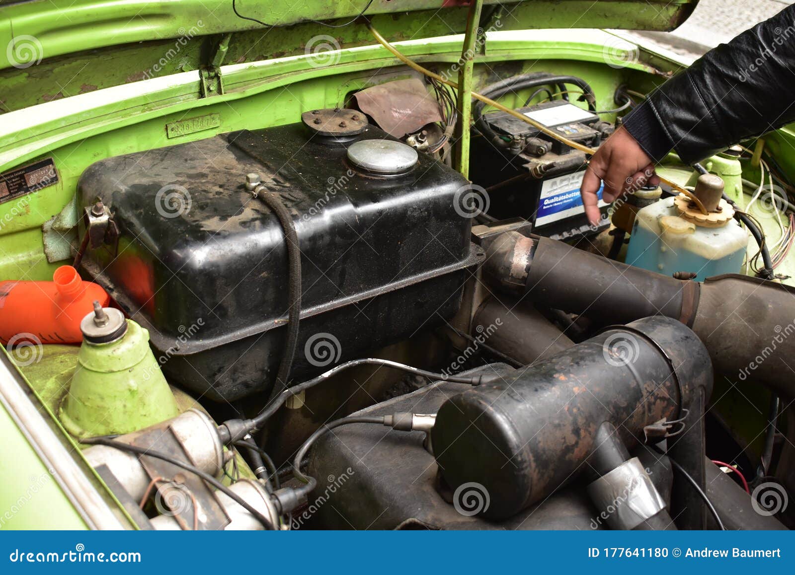 Engine of a Green Trabant 601 with Hand Pointing Berlin Germany ...