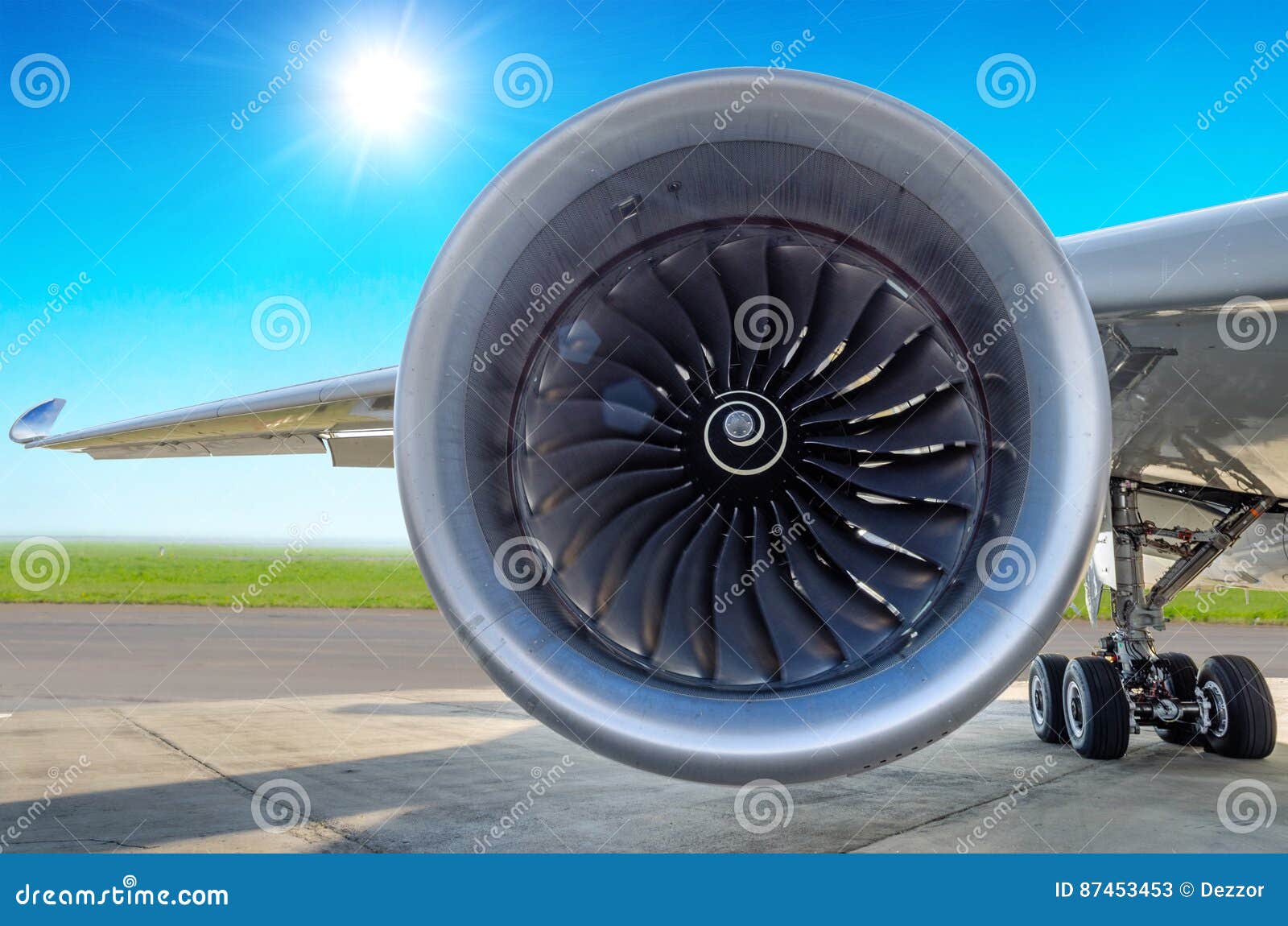 Engine of the Modern Aircraft Close Up and the Sun in the Sky Stock ...