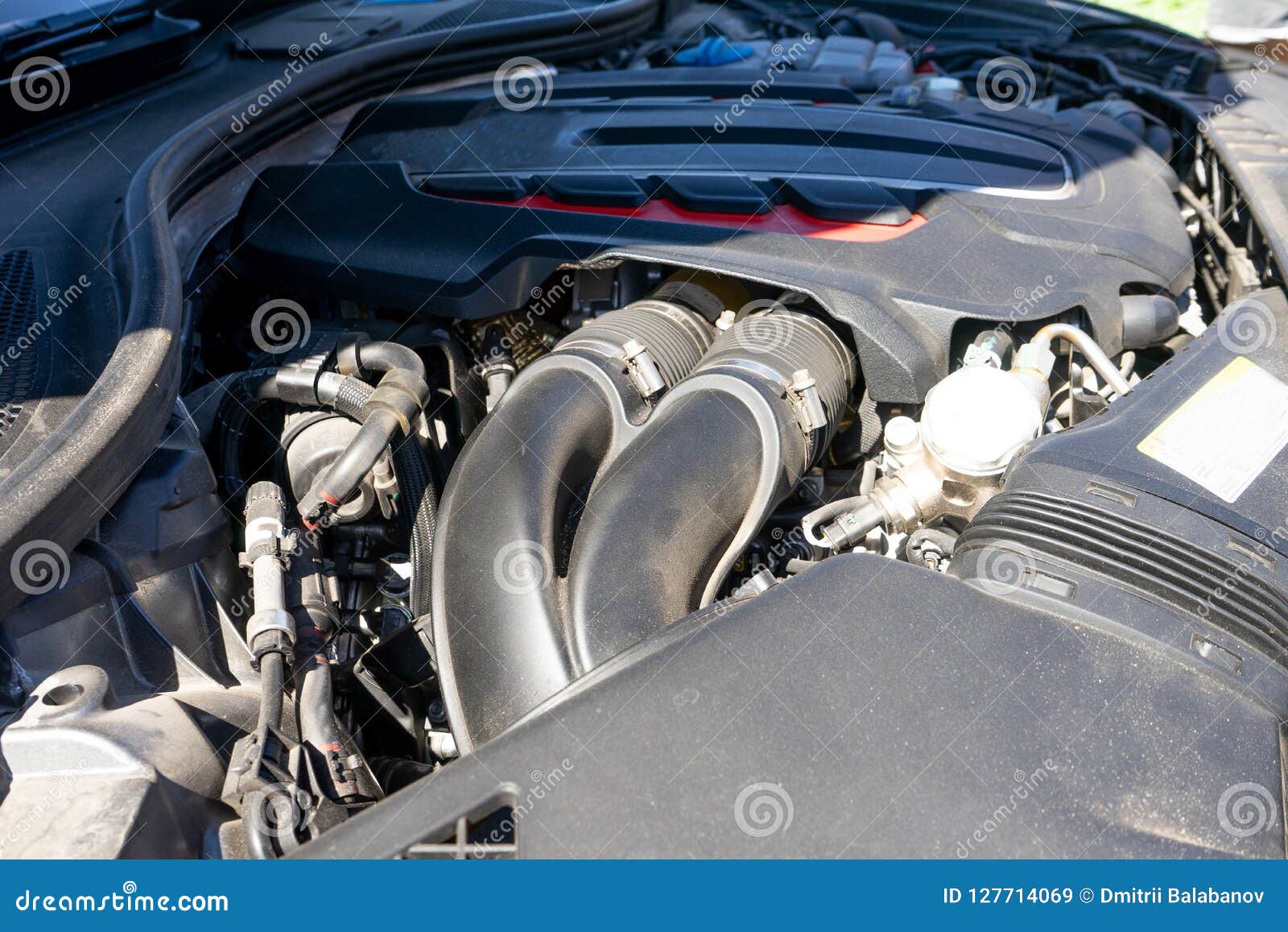 The Engine of the Modern Car, the Bonnet is Open. Stock Image - Image ...