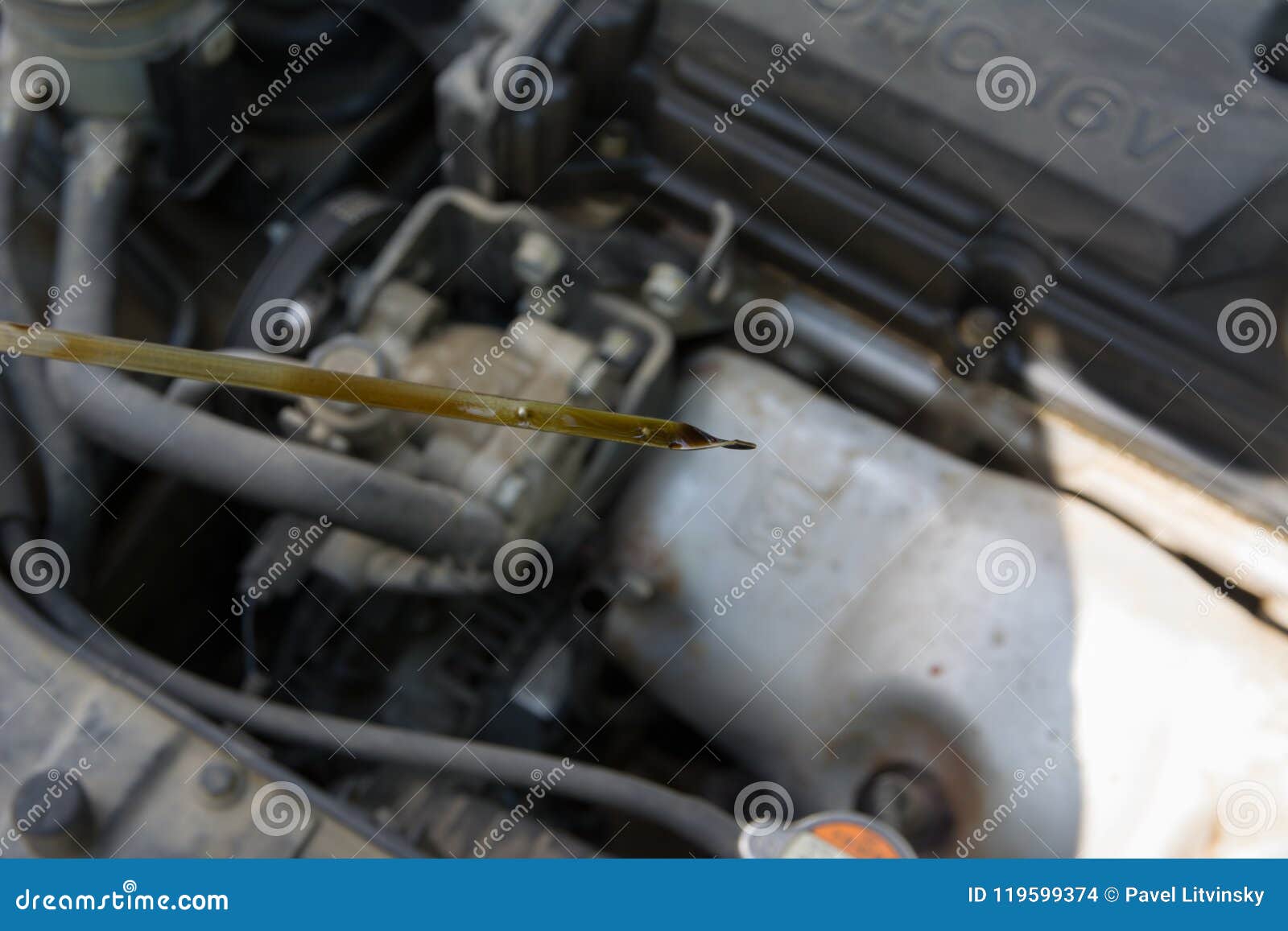 Mans Hand Check Engine Oil Level Check, Dirty Dust Engine Stock Photo ...
