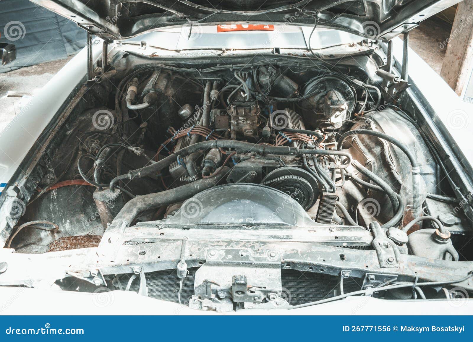 The engine of an old car stock photo. Image of antique - 267771556