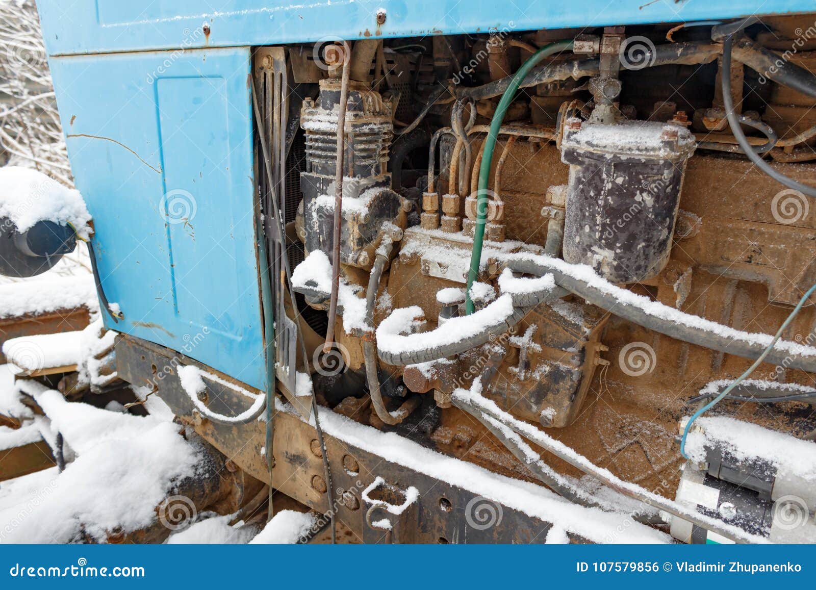 Engine of the Old Snow Covered Tractor Closeup Stock Photo - Image of ...