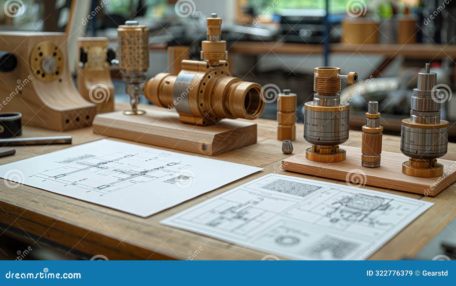 Engine Parts on a Workshop Table with Blueprints Stock Image - Image of ...