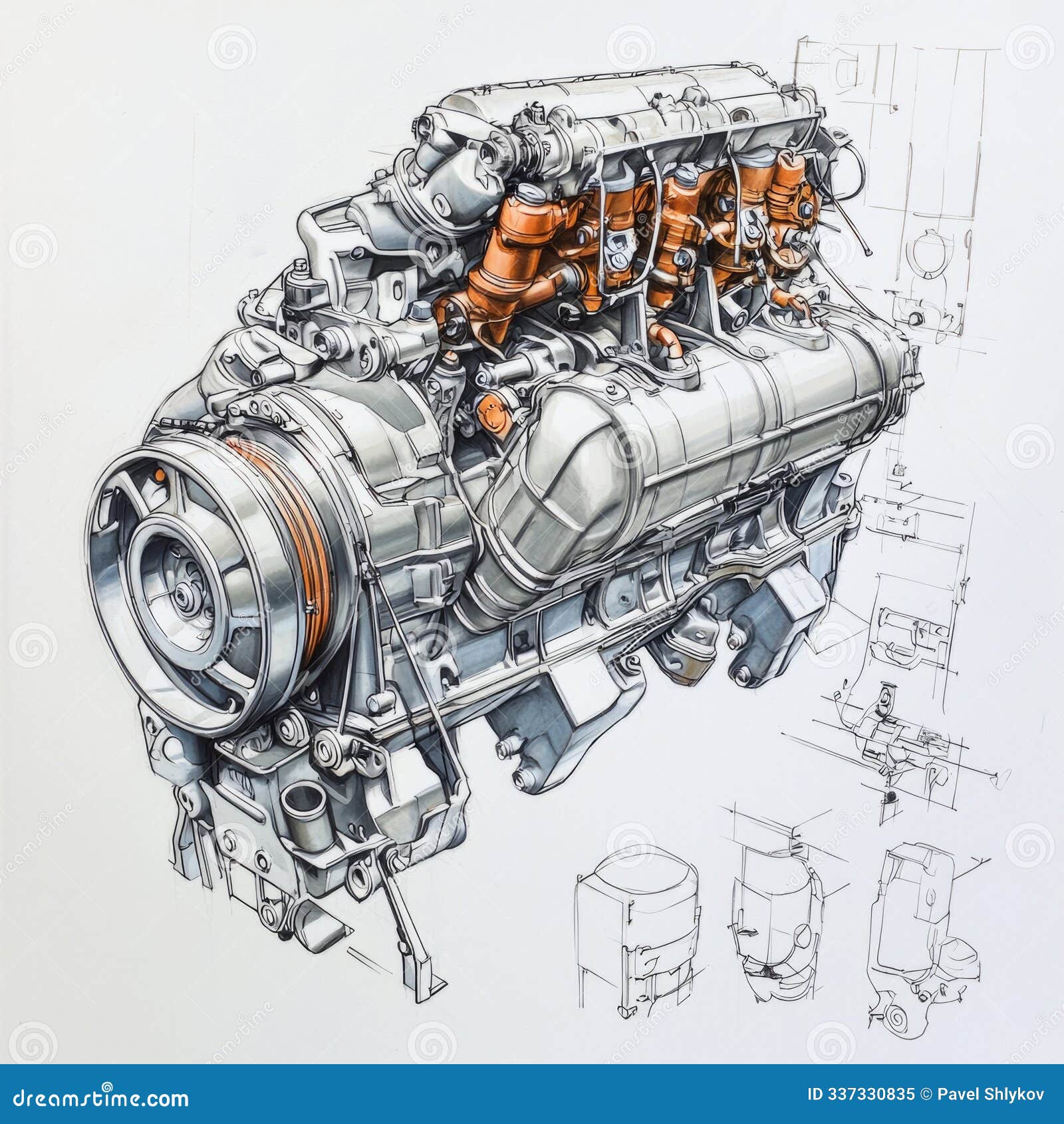 Engine Pencil Sketch. Wire-frame Style Blueprint. Stock Image - Image ...