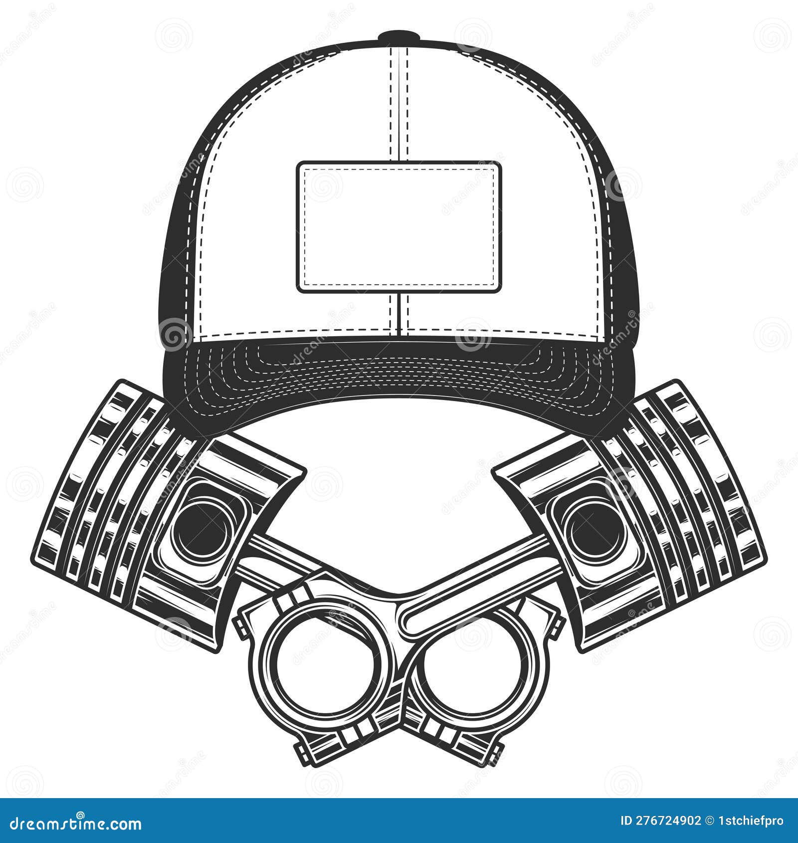 Engine Piston and Baseball Cap on White Background Isolated Monochrome ...