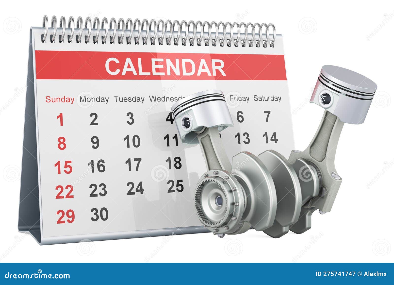 Engine Pistons with Desk Calendar, 3D Rendering Stock Illustration ...