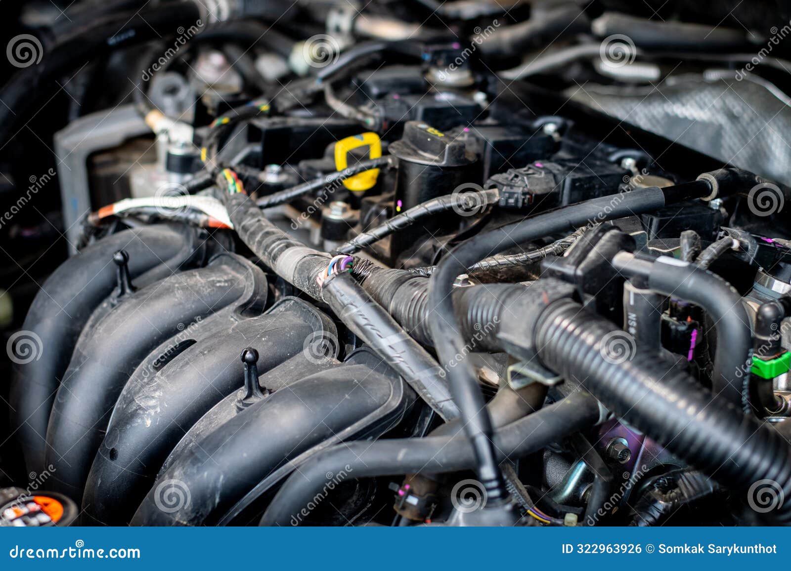 Engine room of a car stock photo. Image of plug, electric - 322963926