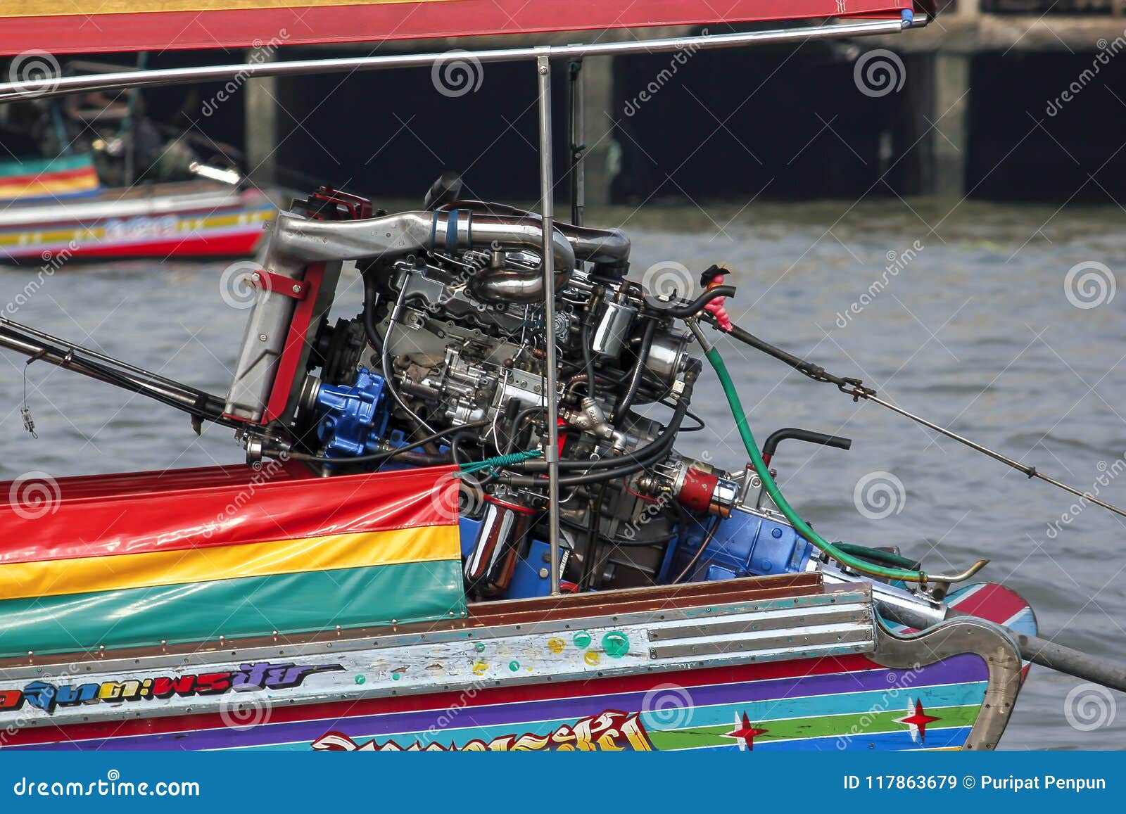 The Engine of a Small Boat Sailing in the River. Stock Image - Image of ...