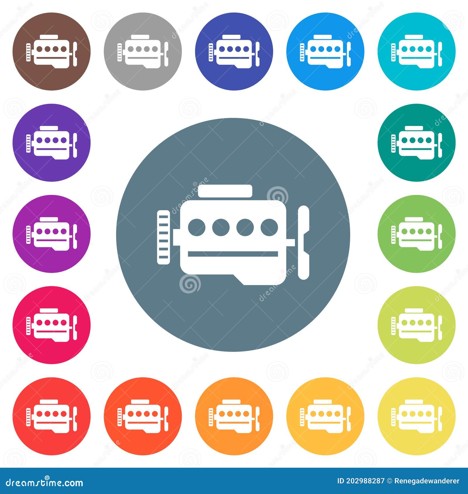 Engine Symbol Flat White Icons on Round Color Backgrounds Stock Vector ...