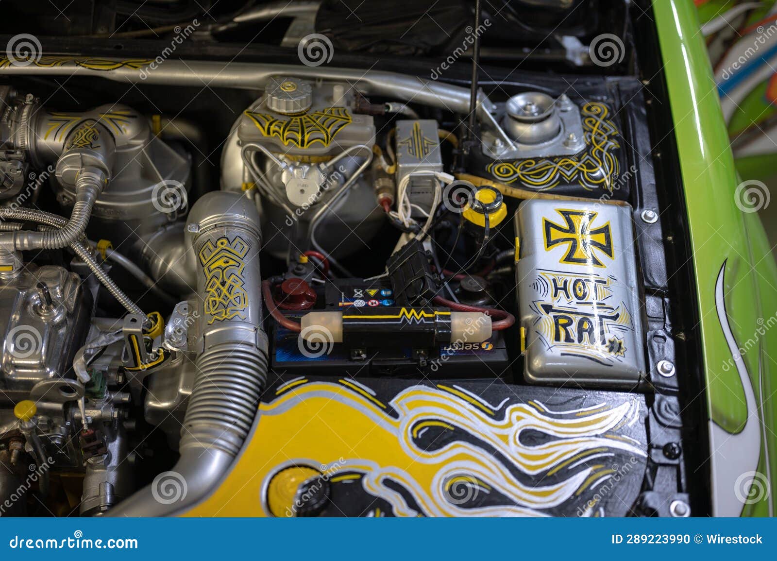 Engine of a Tuned, Chromed, Green and Drawing Peugeot Editorial Image ...