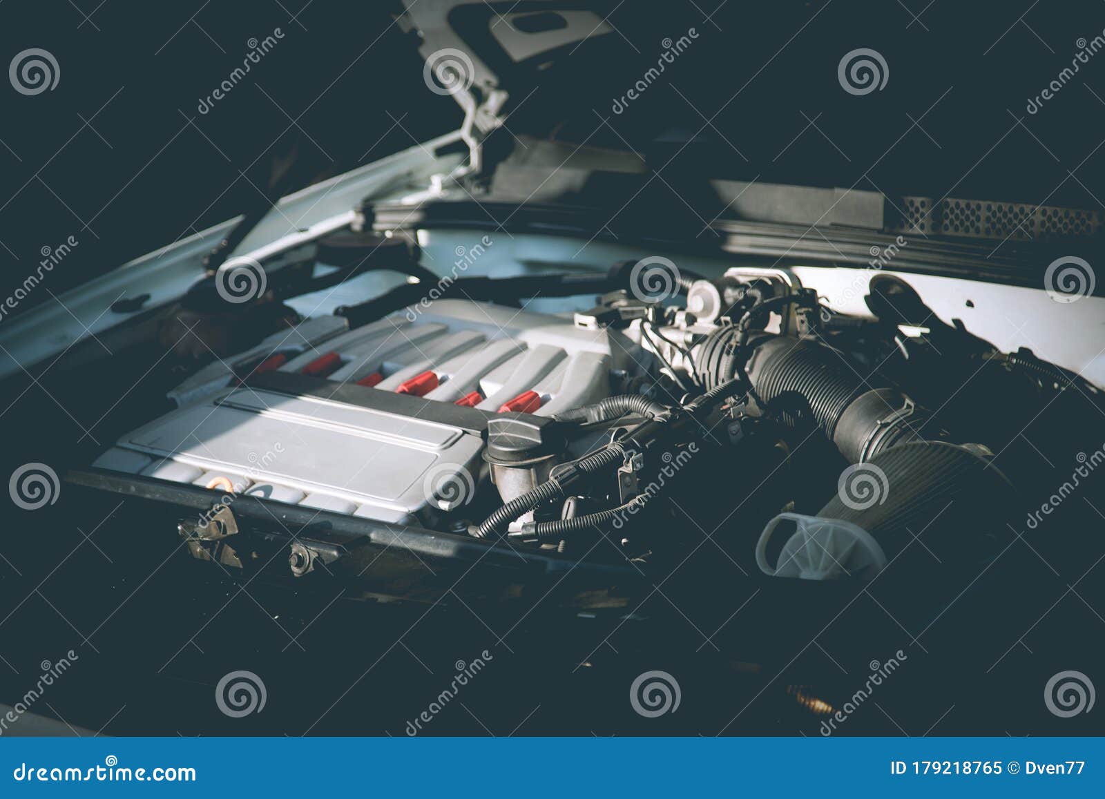 Engine V6. Or VR6 Engine Compartment In Dark Colors. Under The Car Hood ...