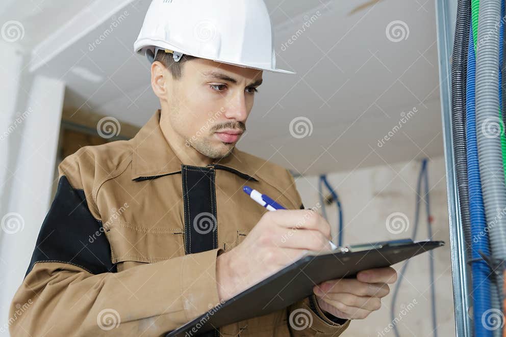 Engineer in Act Note Record in Construction Site Stock Image - Image of ...