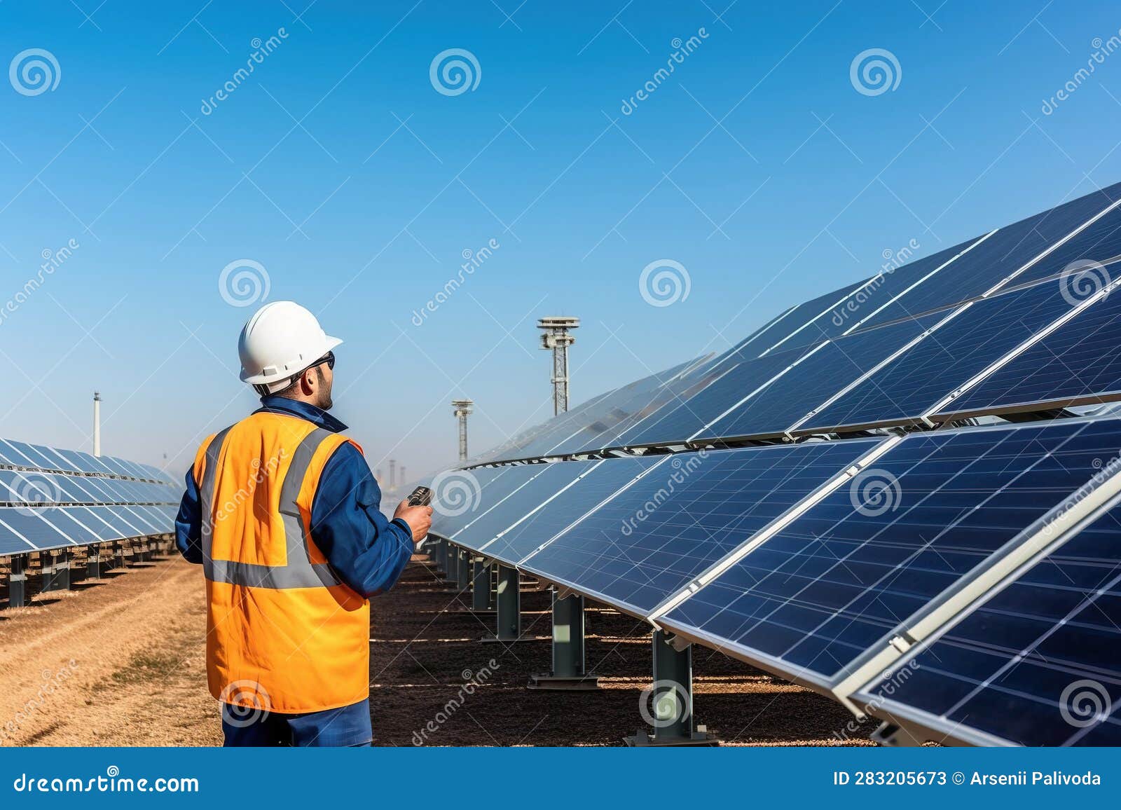 The Engineer Adjusts the Angle of the Solar Panels on the Solar Power ...