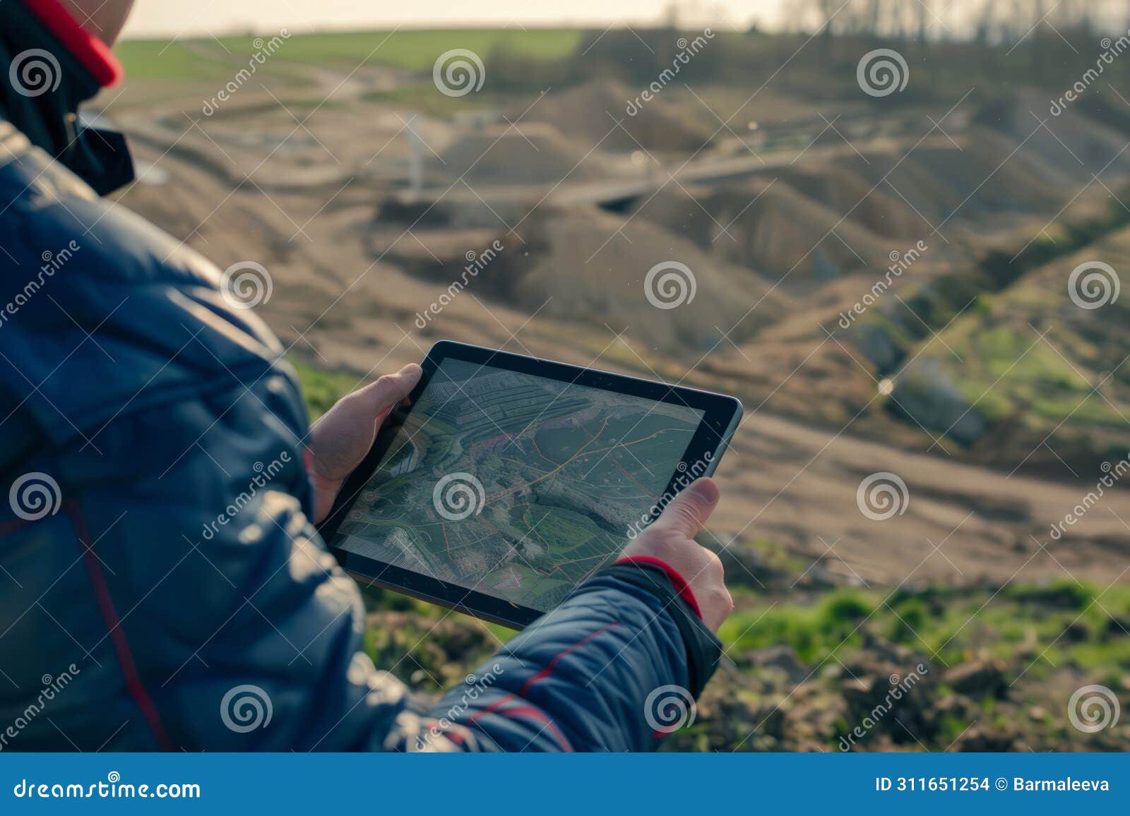 Engineer Analyzing Data on a Digital Tablet. Surveyor Working with Map ...