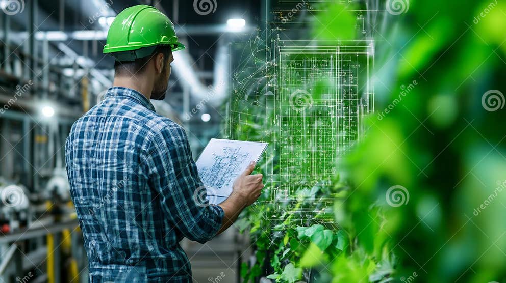 Engineer Analyzing Digital Blueprint for Eco-Friendly Design Stock ...