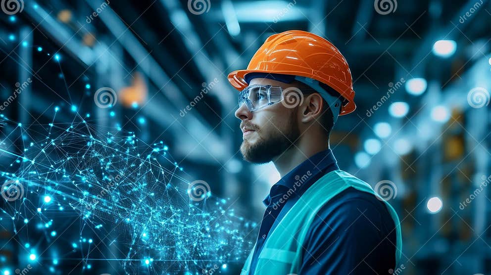 Engineer Analyzing Digital Network in Factory Stock Illustration ...