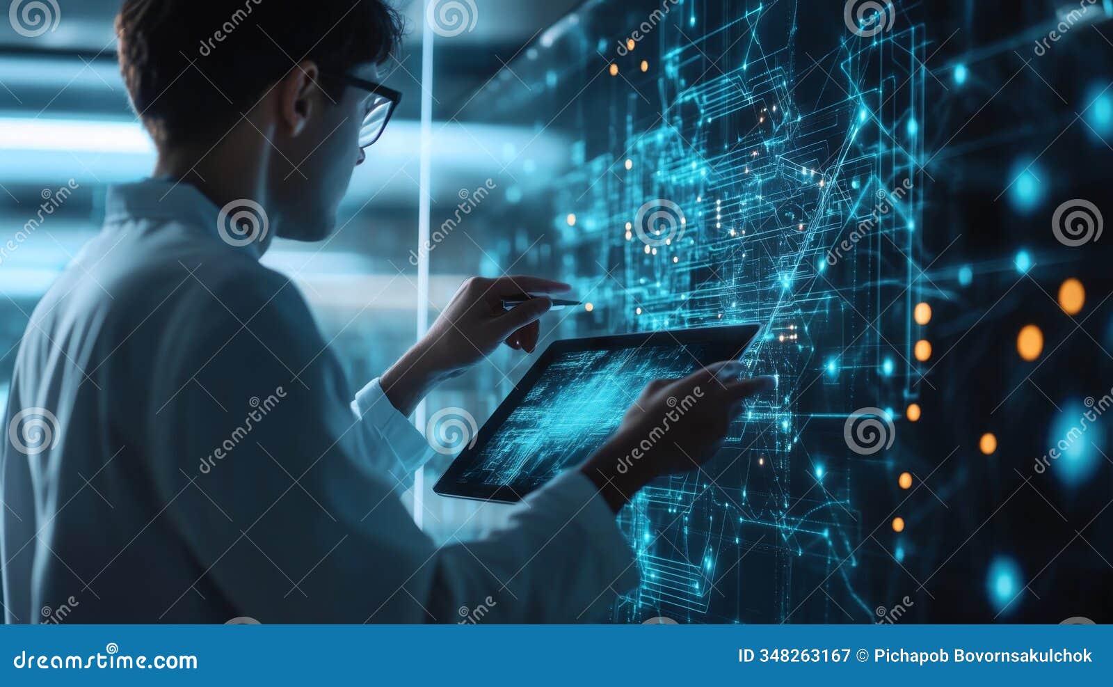 Engineer Analyzing 5G Signal Map on Digital Display Stock Illustration ...