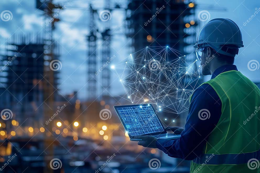 Engineer Analyzing Holographic Construction Plan at High Rise Site with ...