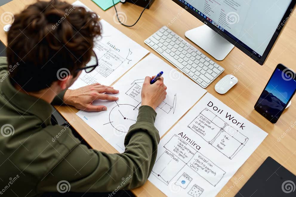 Engineer Analyzing Technical Drawings at Office Desk Stock Photo ...