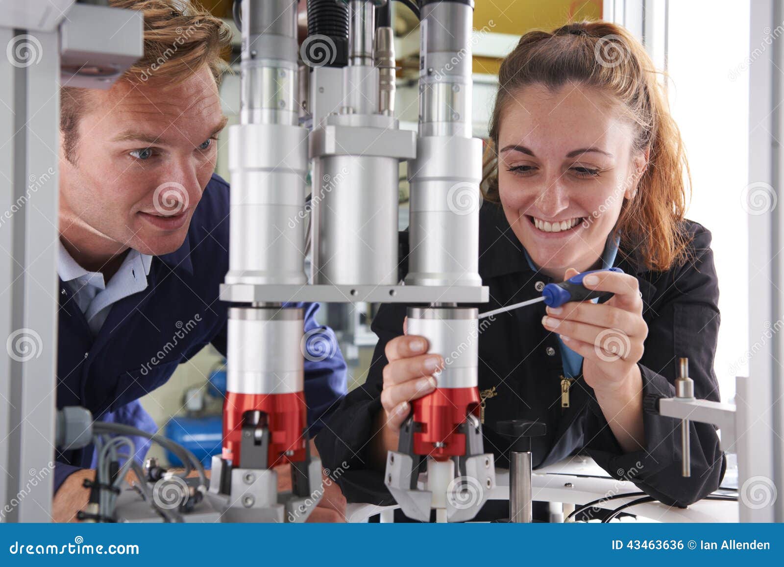Engineer and Apprentice Working on Machine in Factory Stock Photo ...