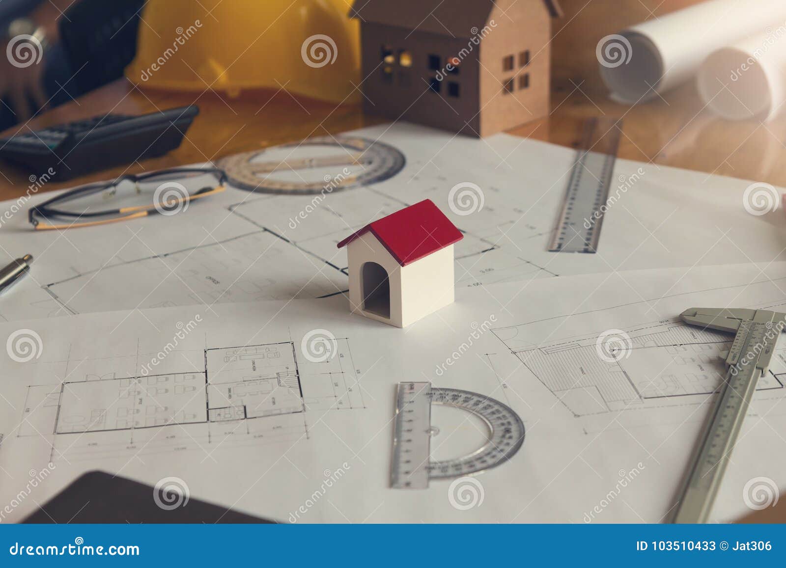 Engineer and Architect Concept, House Model and Blueprint Stock Image ...