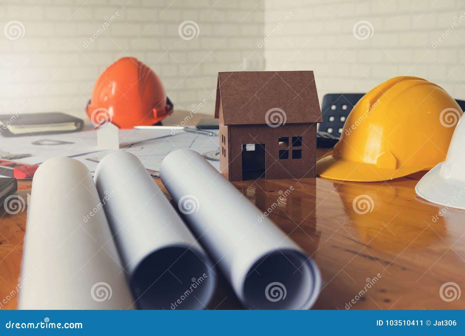 Engineer and Architect Concept, House Model and Blueprint Stock Image ...