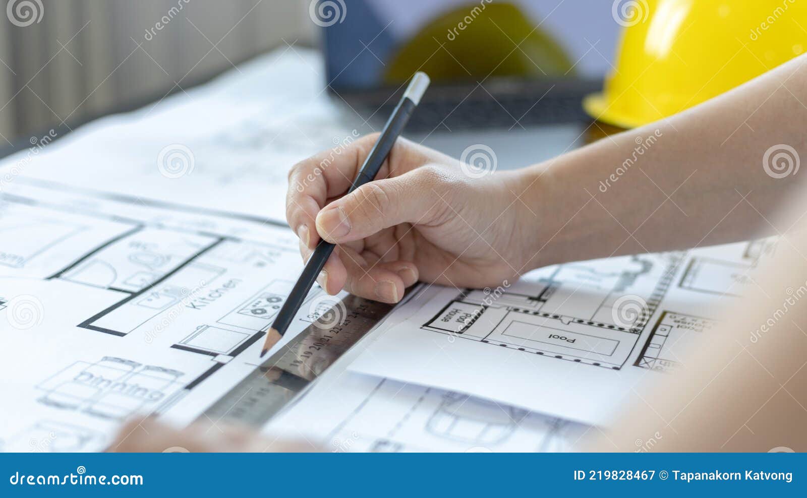 Engineer and Architect Concept, Man Uses a Ruler To Measure the Floor ...