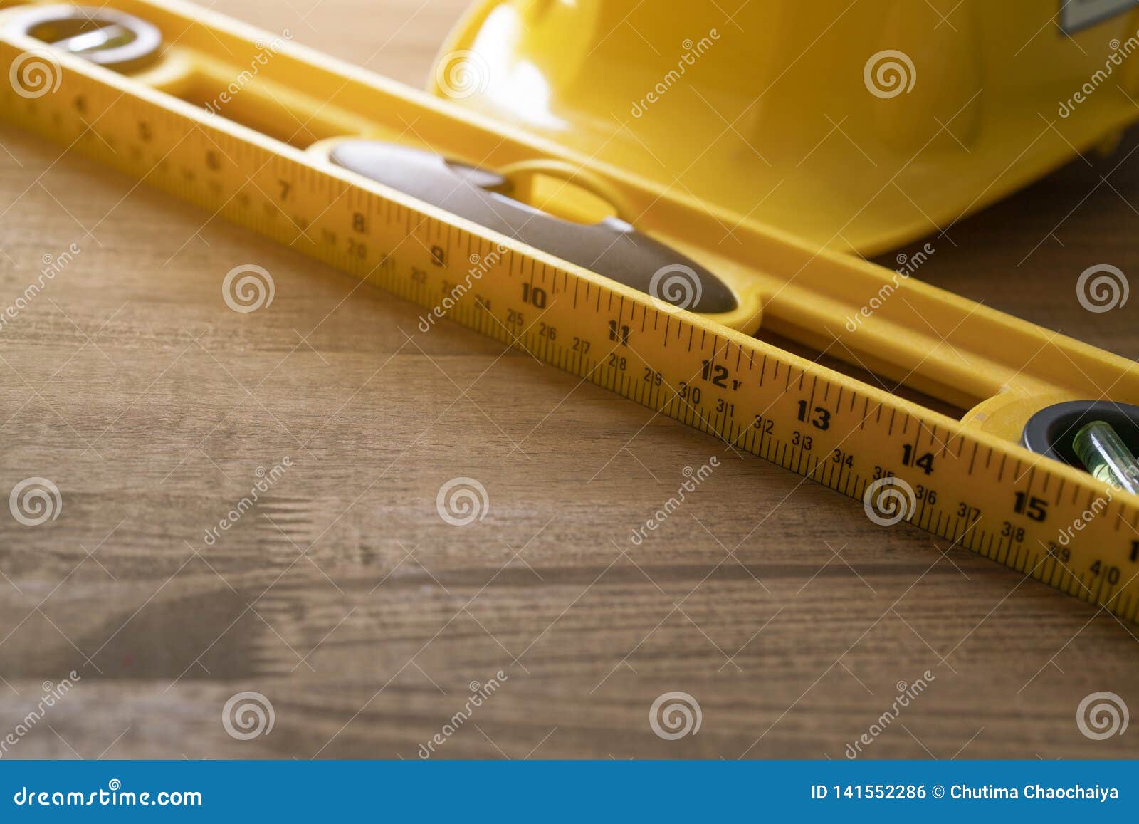 Engineer or Architect Desk Background with Helmet and Water Level in ...