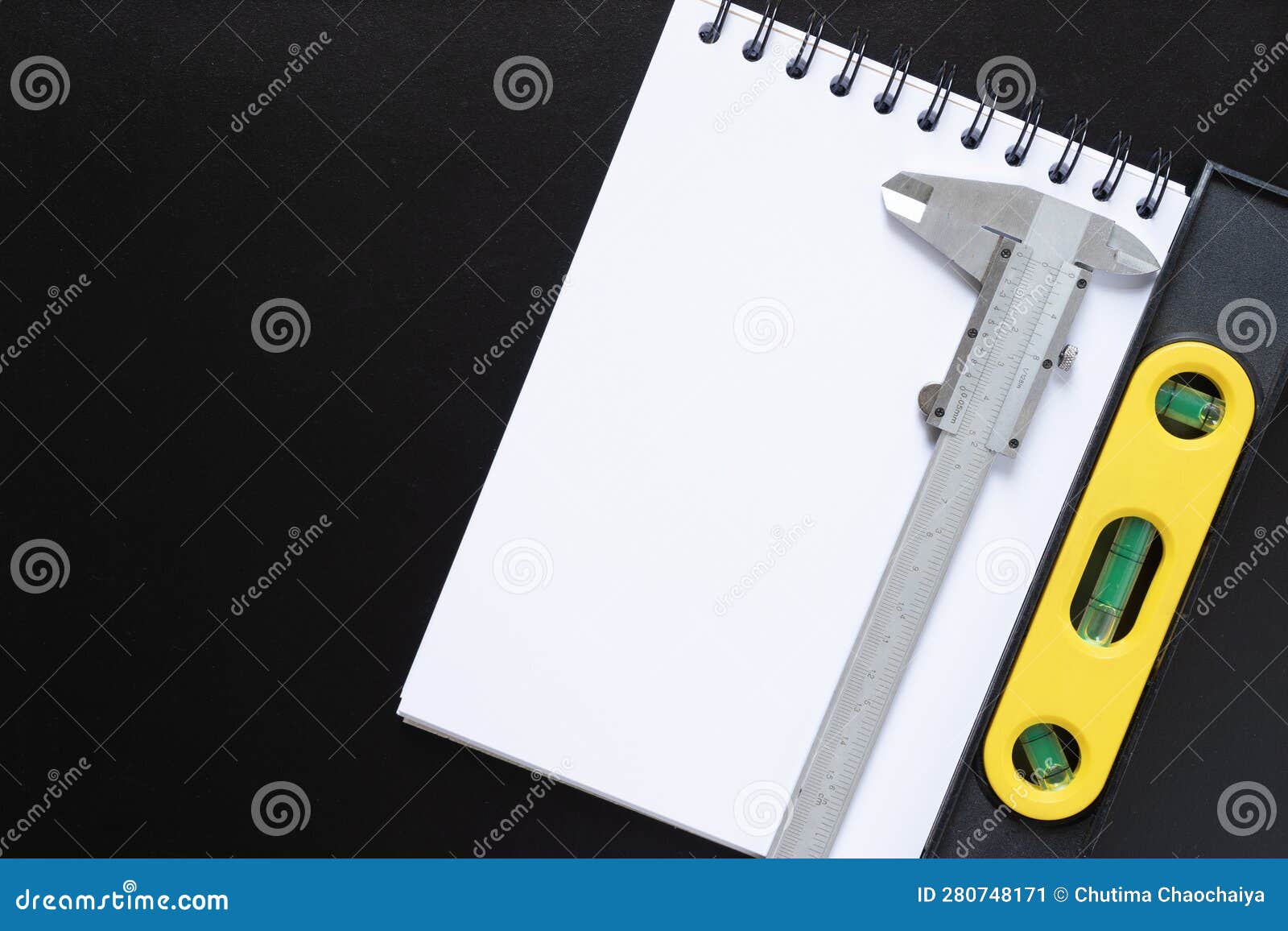 Engineer or Architect Desk with Stationery Tool and Note Book on Black ...