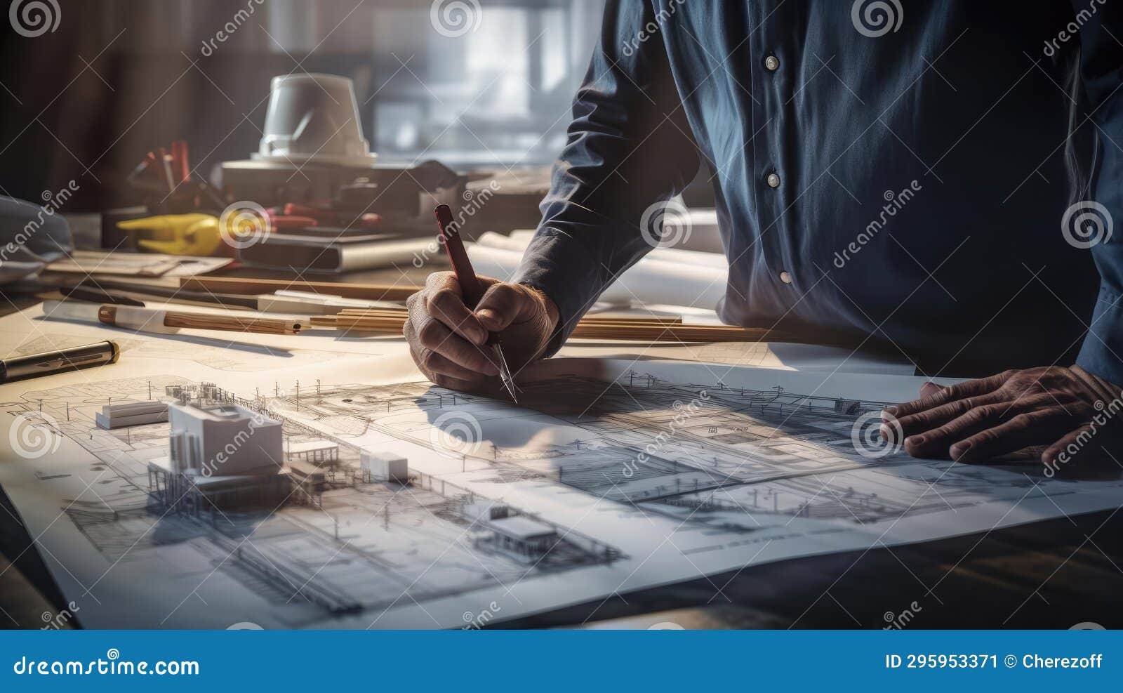Engineer Architect Develops a Layout of Architecture Stock Illustration ...