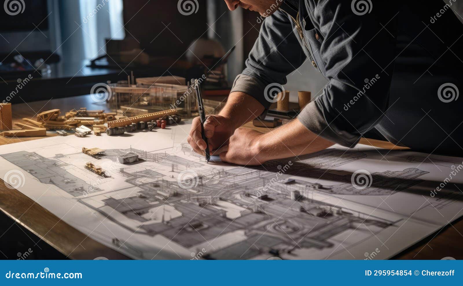 Engineer Architect Develops a Layout of Architecture Stock Illustration ...