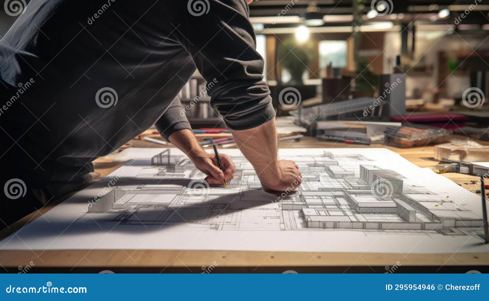 Engineer Architect Develops a Layout of Architecture Stock Illustration ...