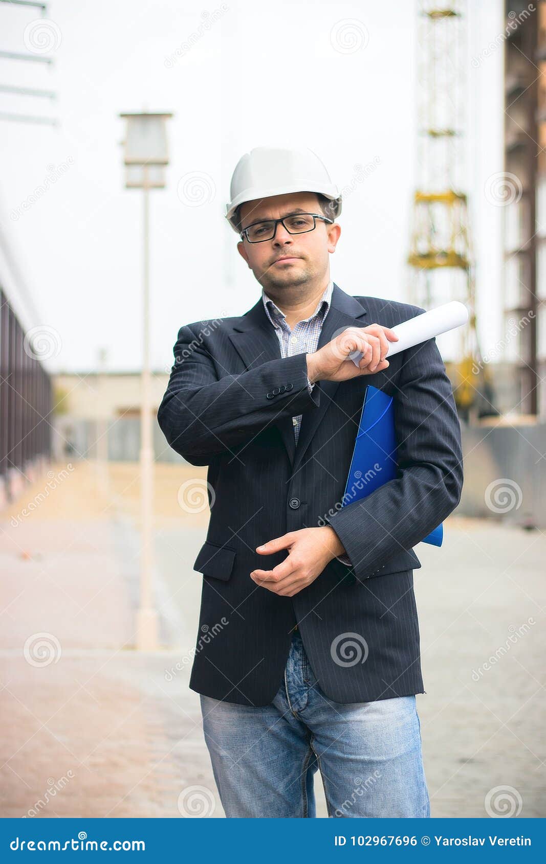 Engineer Boss with Protective Safety Helmet Checking Architectural ...