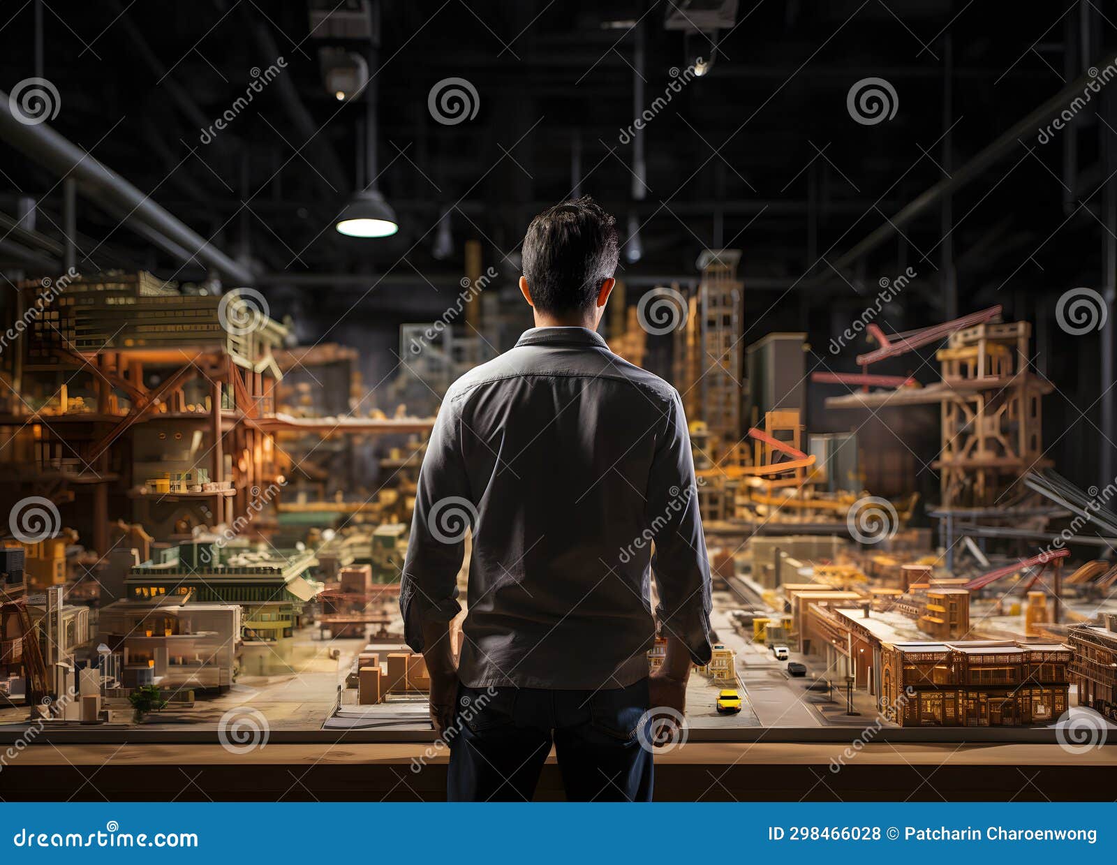 Engineer or Architect Stands Looking at Project Layout Design Model at ...