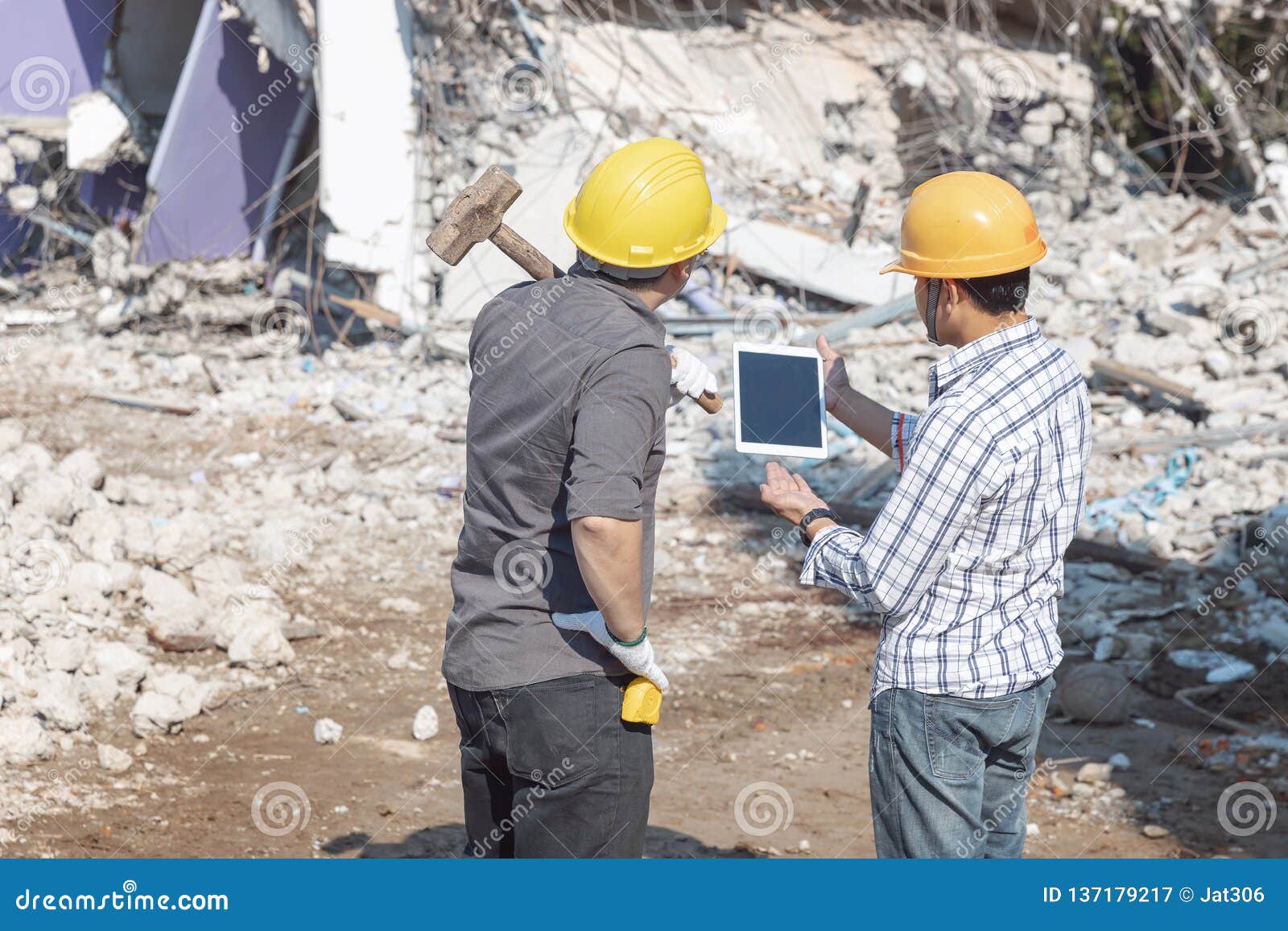 Engineer Architect and Worker Operation Control Demolish Old Building ...