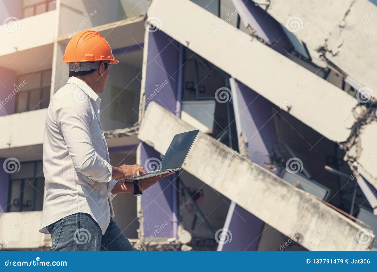 Engineer Architect and Worker Operation Control Demolish Old Building ...