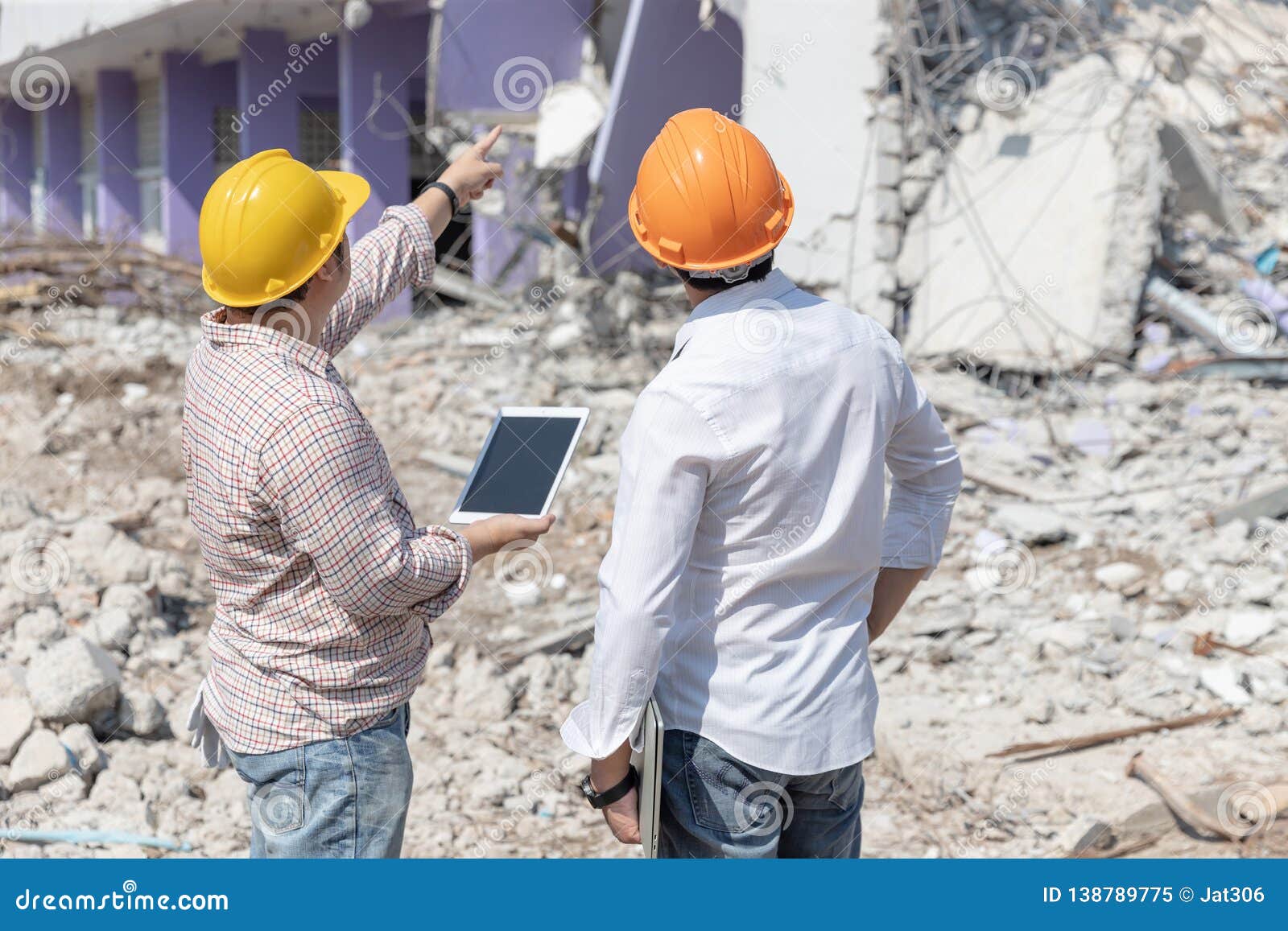 Engineer Architect and Worker Operation Control Demolish Old Building ...